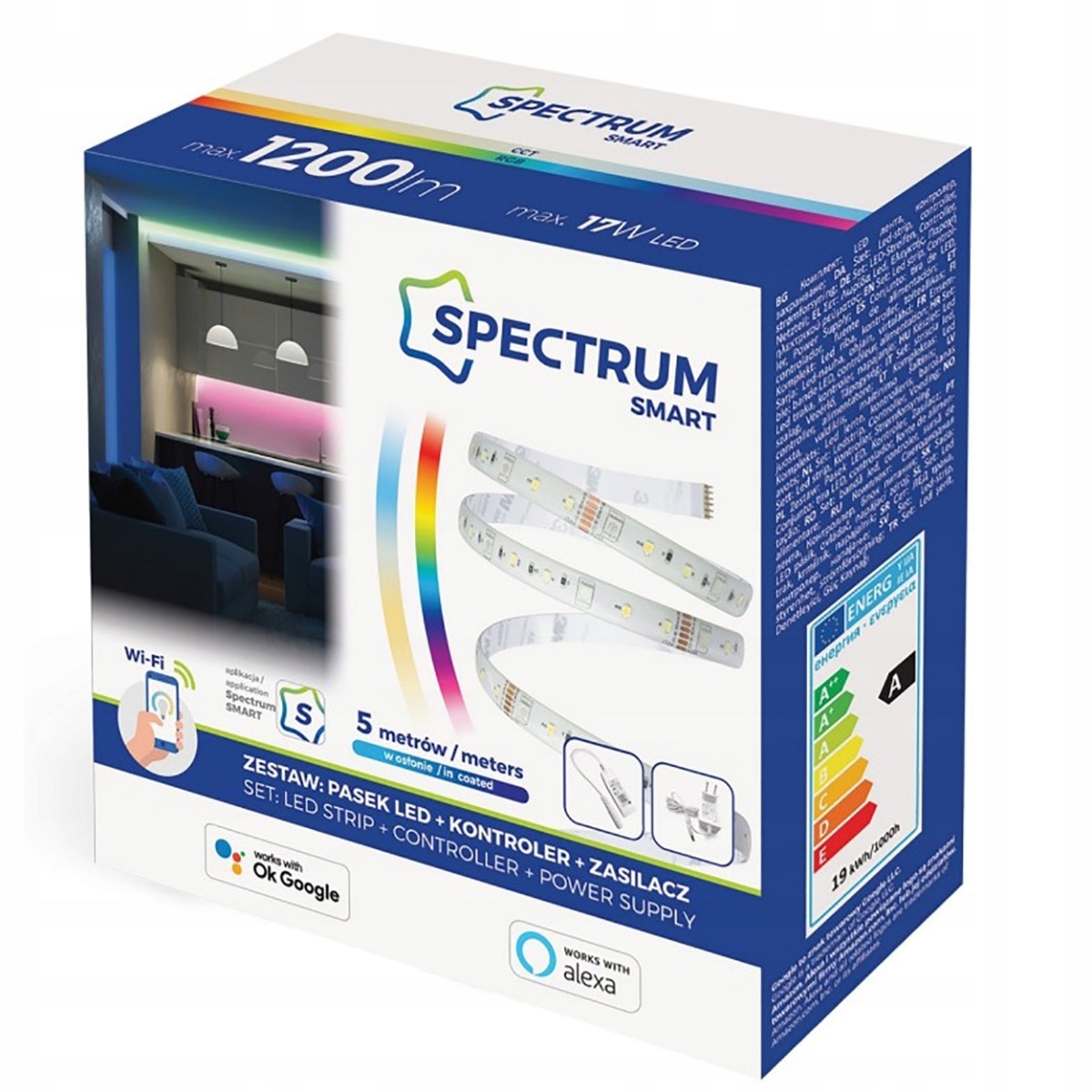 LED szalag, Spectrum, Wi-Fi, RGB + CCT, 5m, 17W, 1200lm, 3000K - 6500K ...