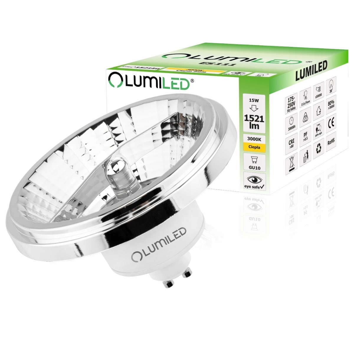 Lumiled LED крушка GU10, ES111, 15W = 100W, 1521lm, 3000K, топло бяло ...