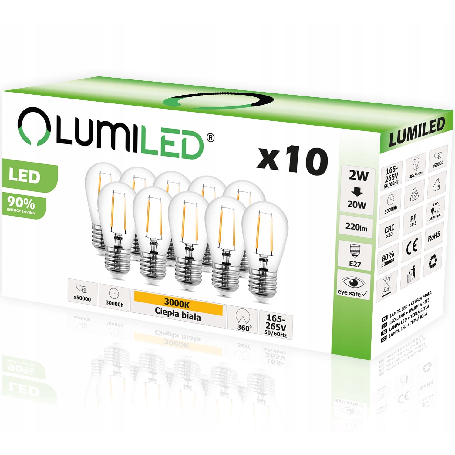 Set 10 bec LED, Lumiled, E27, ST14, 2W = 20W, 220lm, 3000K, Alb cald ...