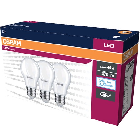 Set 3x becuri LED, Osram, E27 A60, 4.9W 40W, 470lm, 6500K, Alb rece - eMAG.ro