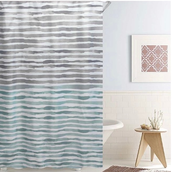 Perdea pentru dus sau cada, cu 12 inele, gri/albastru, dungi orizontale ...