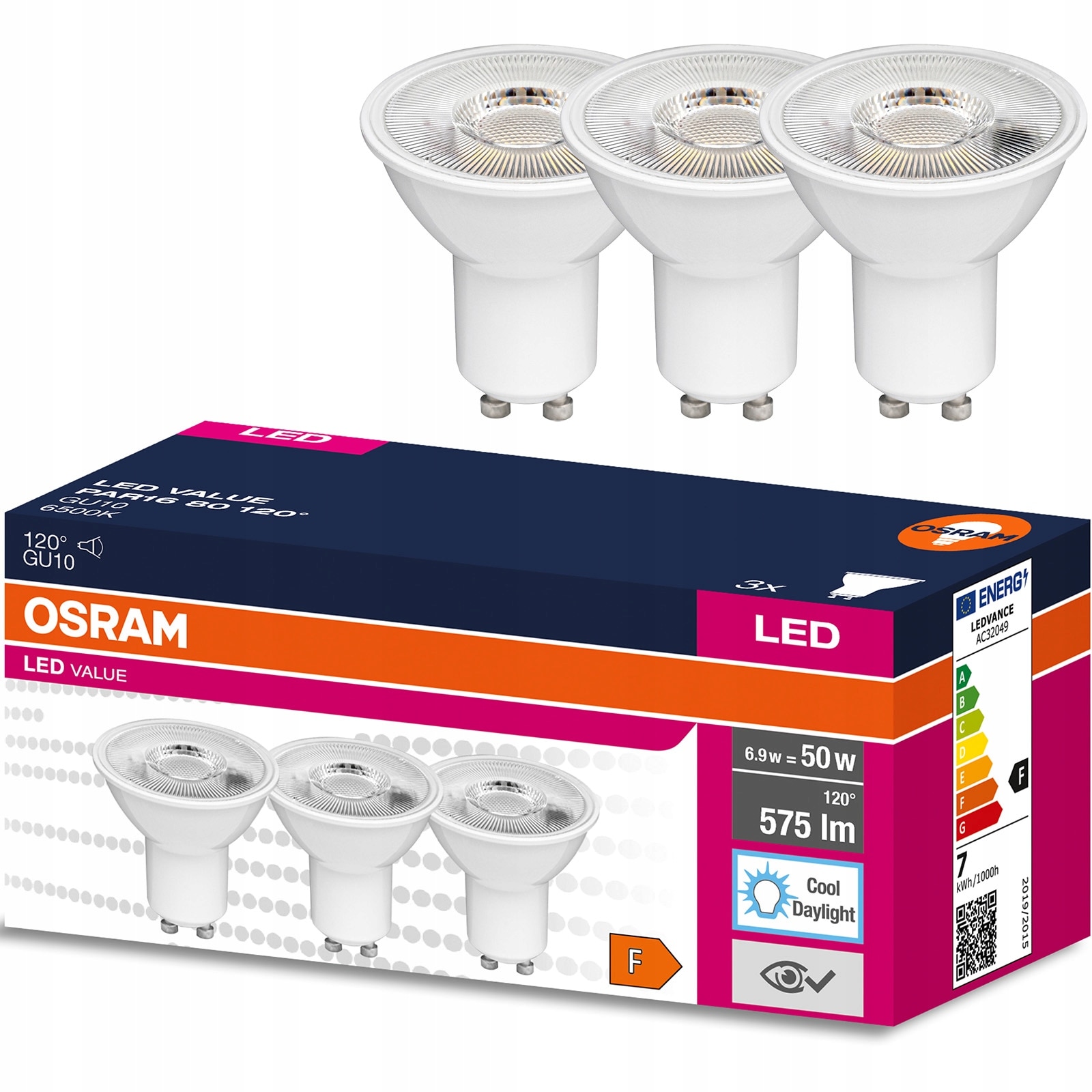 Set 3x becuri LED, Osram, GU10, 6.9W = 50W, 575lm, 6500K, Alb rece - eMAG.ro