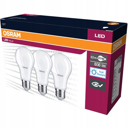 Set 3x becuri LED, Osram, E27, A60, 8.5W = 60W, 806lm, 6500K, Alb rece - eMAG.ro