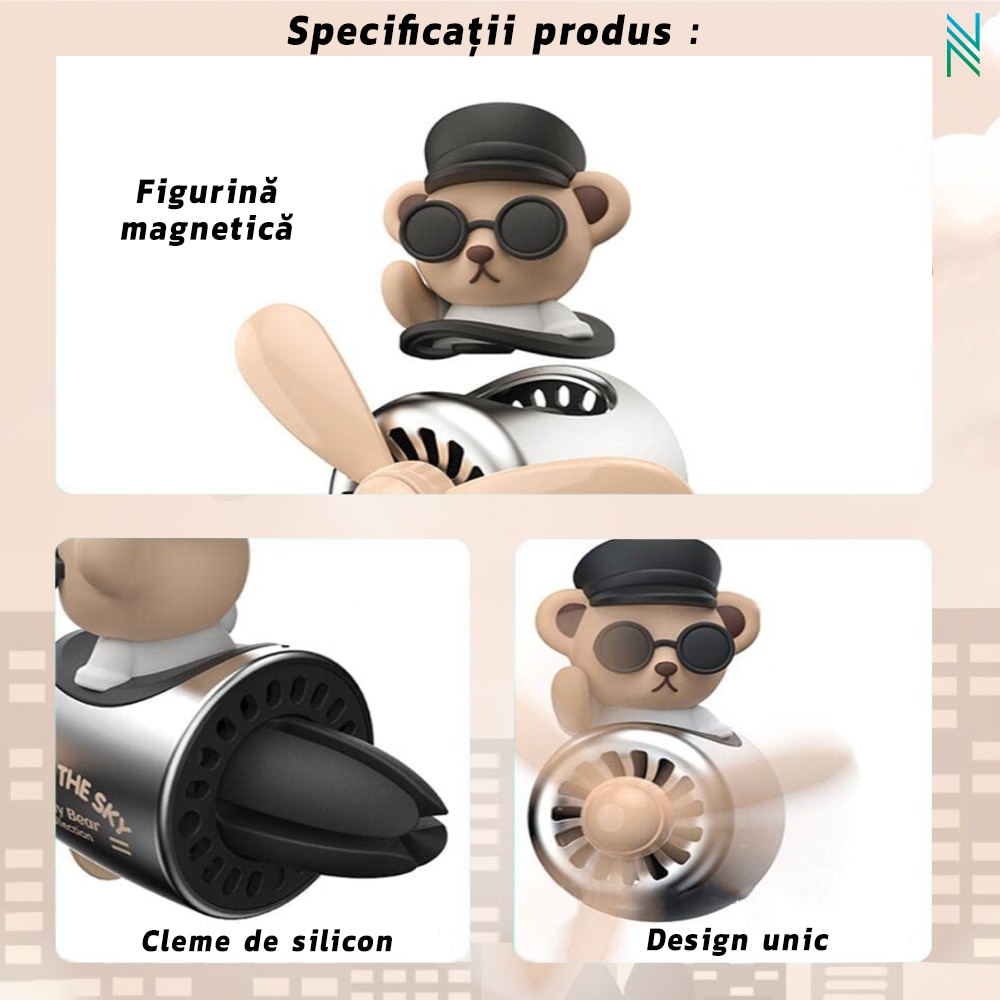 Difuzor auto aromaterapie Nimox® Cat Pilot Bear cu Ochelari, Kit ...