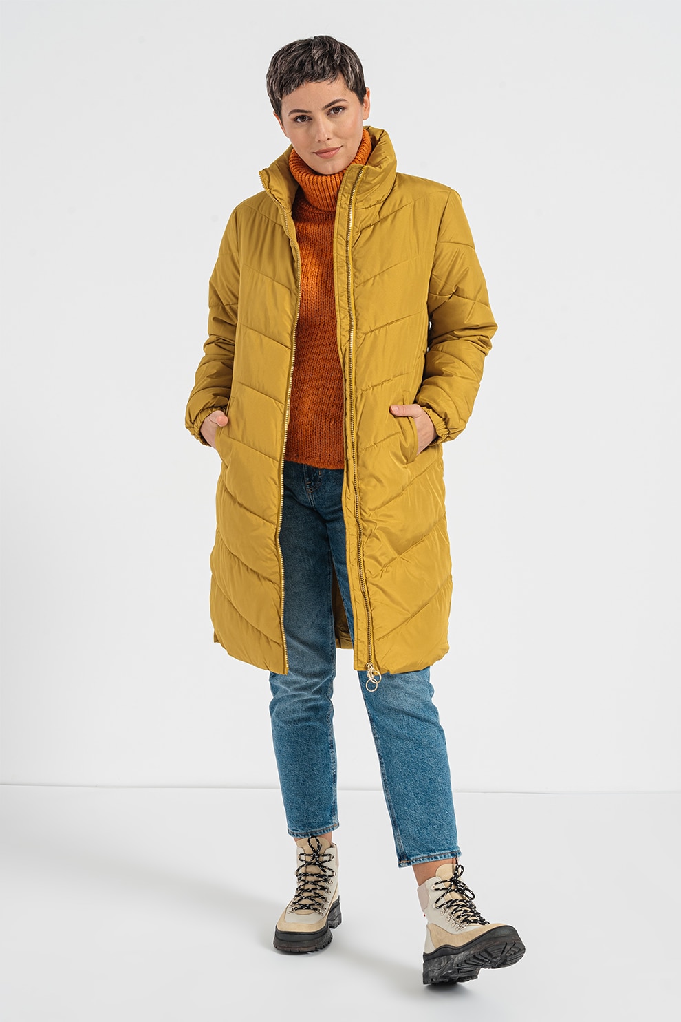 JdY, Geaca matlasta cu guler inalt, Mustar, XS - eMAG.ro