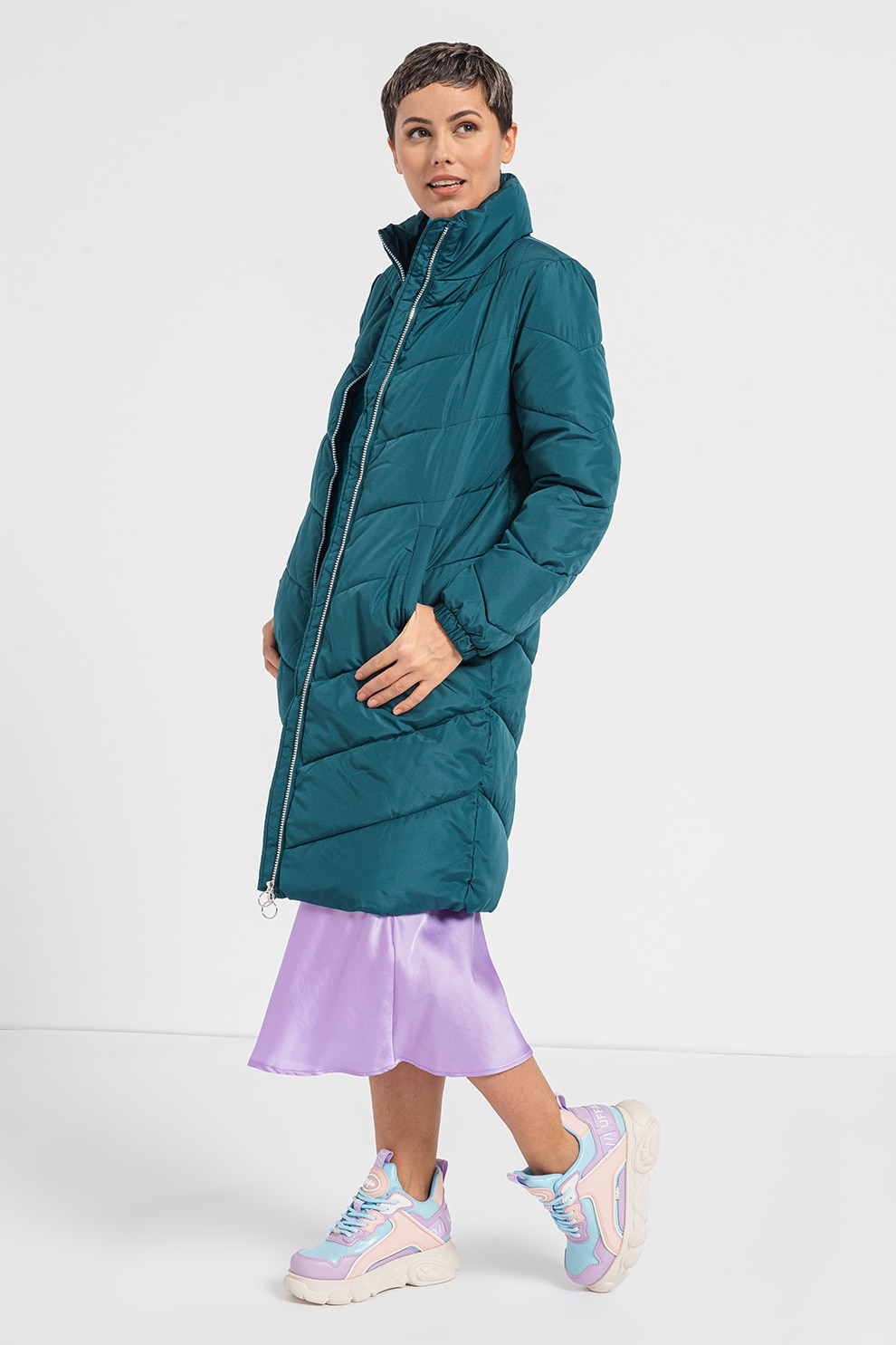 JdY, Geaca matlasta cu guler inalt, Albastru petrol, L - eMAG.ro