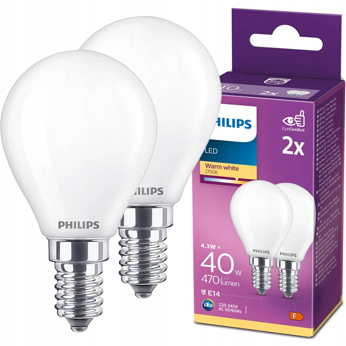Set 2x bec LED, Philips, E14, P45, 4.3W, 2700K, Alb - eMAG.ro