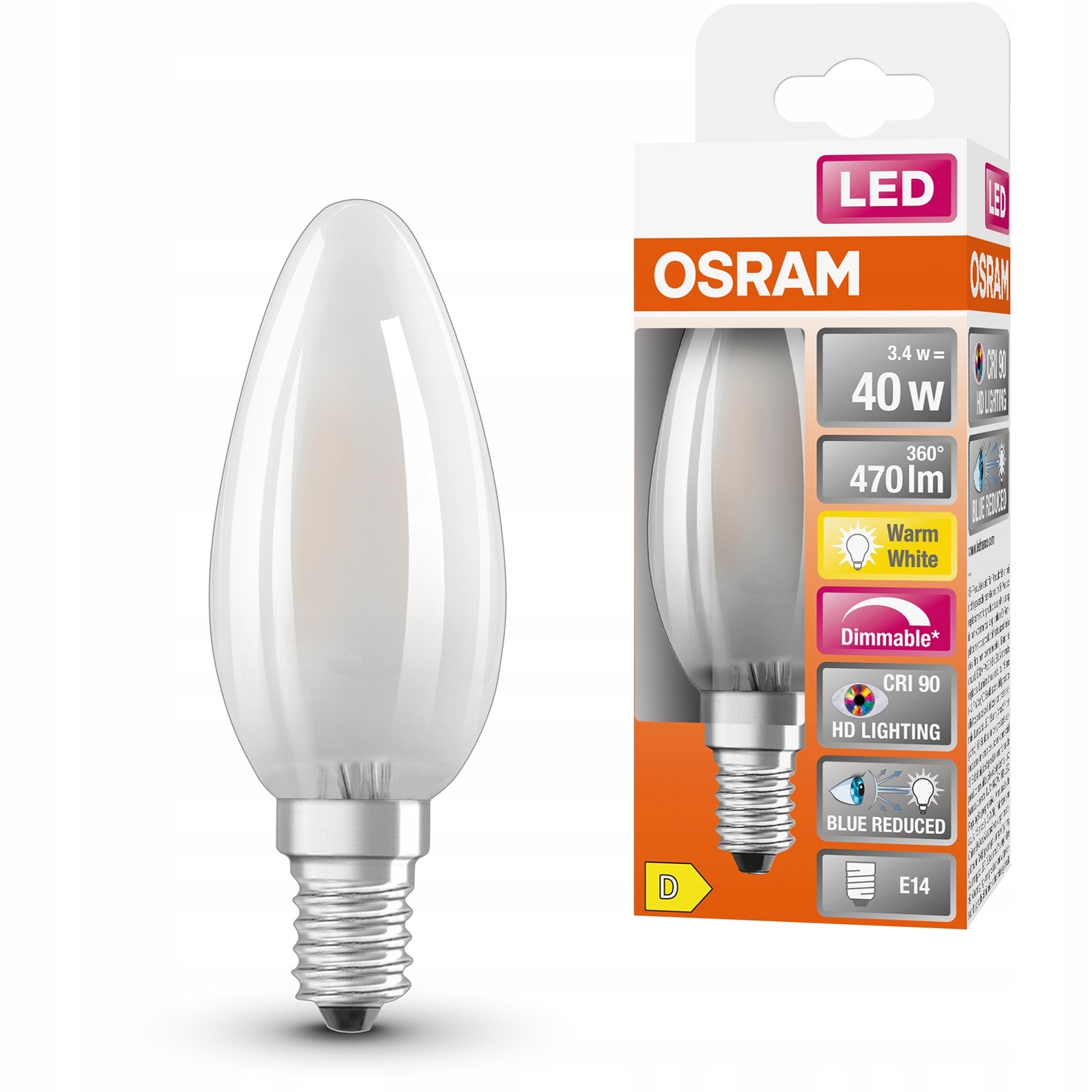Bec LED, Osram, E14 B35, 3.4W = 40W, 470lm, 2700K, Alb cald - eMAG.ro