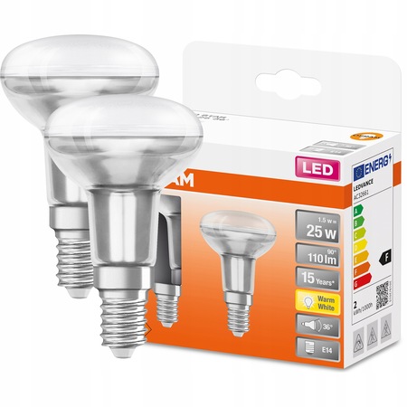 Set 2 becuri LED, Osram, E14 R50, 1.5W = 25W, 110lm, 2700K, Alb cald ...