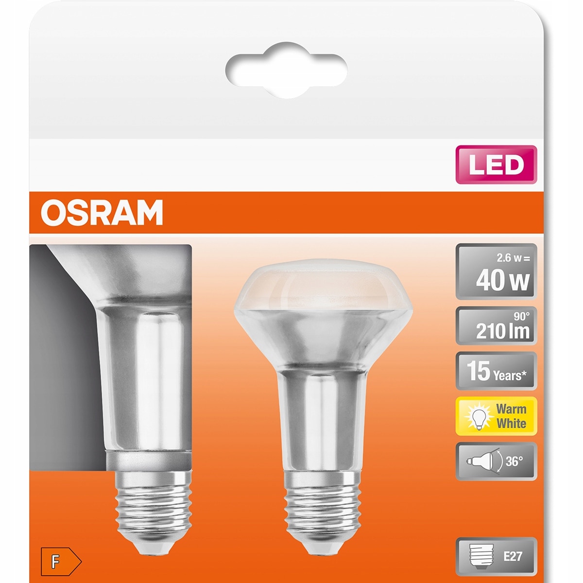 Set 2 becuri LED, Osram, E27 R63, 2.6W = 40W, 210lm, 2700K, Alb cald - eMAG.ro