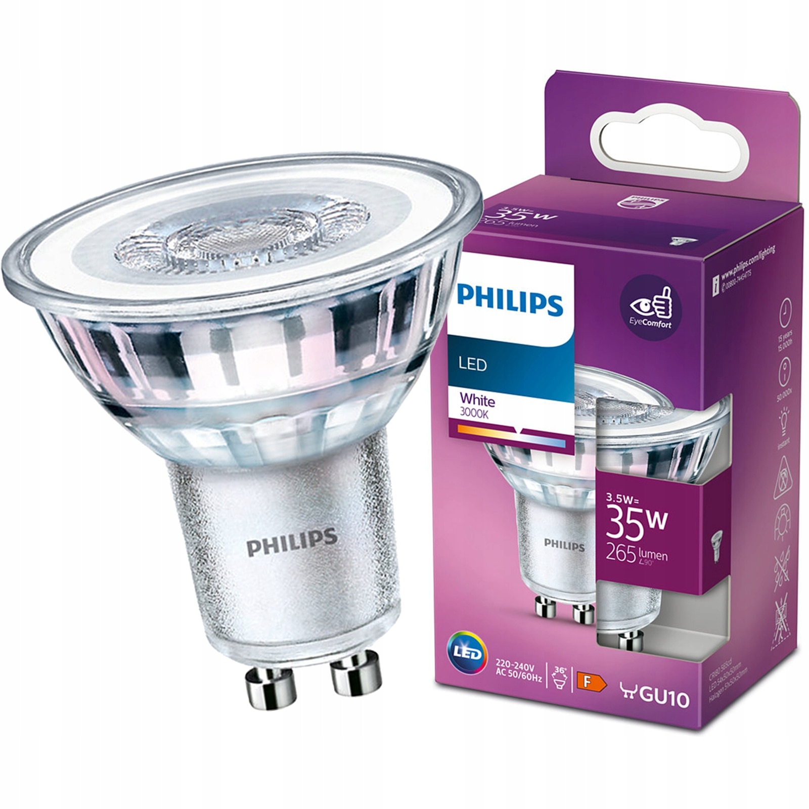 Bec LED, Philips, GU10, 3.5W = 35W, 265lm, 3000K, Alb - eMAG.ro