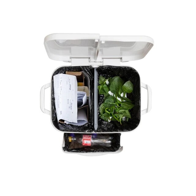 Cos de gunoi colectare selectiva, 3 compartimente, cu roti, alb ...