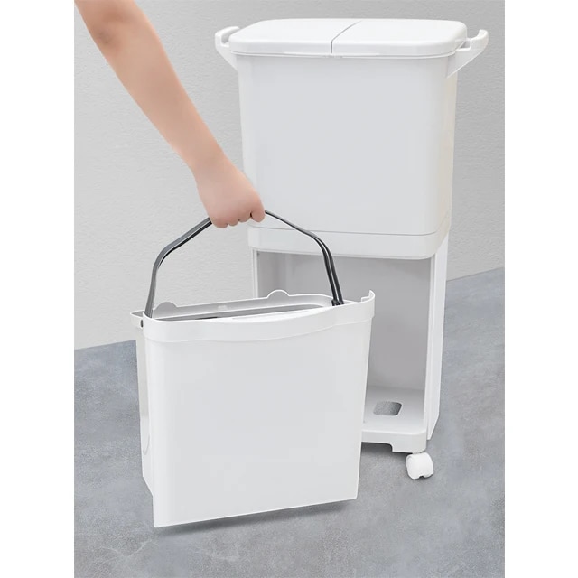 Cos de gunoi colectare selectiva, 3 compartimente, cu roti, alb ...