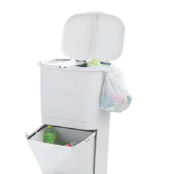 Cos de gunoi colectare selectiva, 3 compartimente, cu roti, alb ...