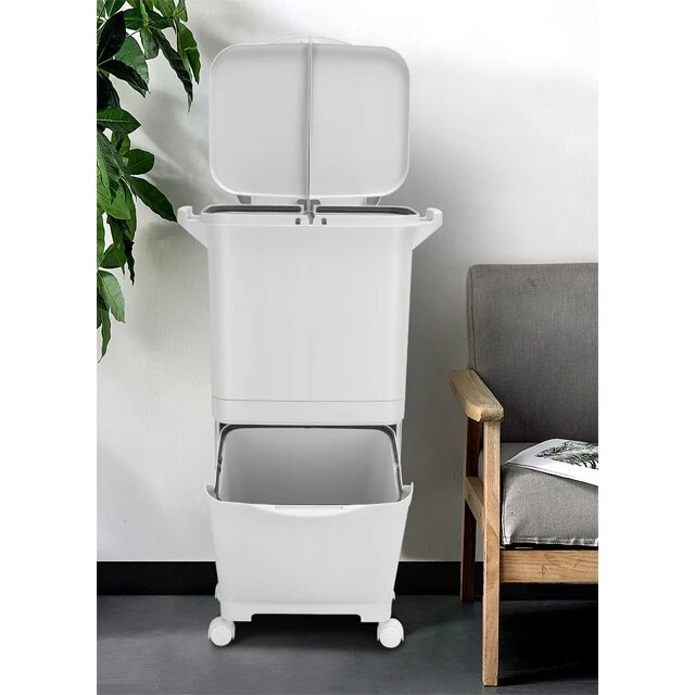 Cos de gunoi colectare selectiva, 3 compartimente, cu roti, alb ...