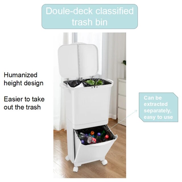 Cos de gunoi colectare selectiva, 3 compartimente, cu roti, alb ...