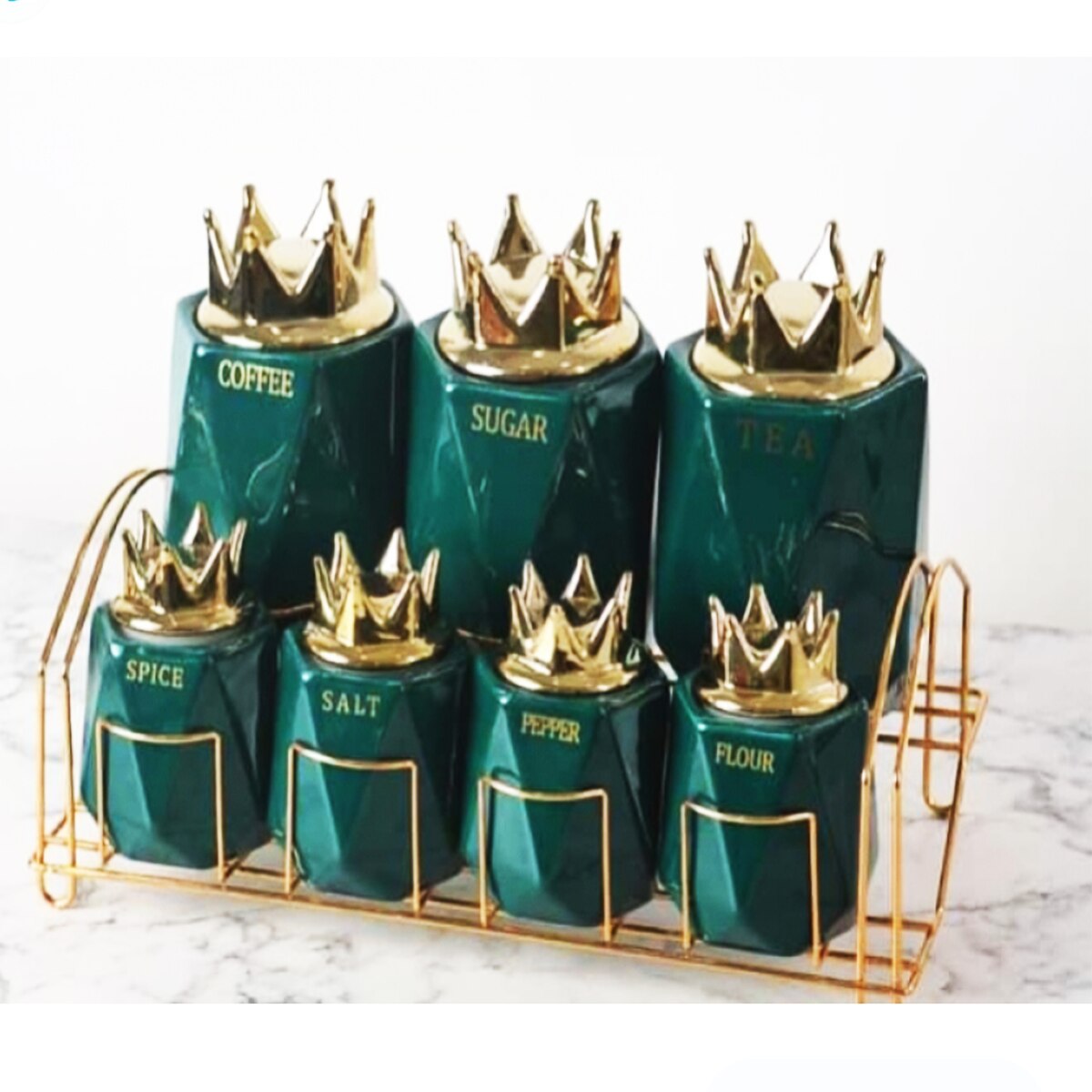 Set condimente din ceramica, 7 recipiente cu capac si suport din metal ...