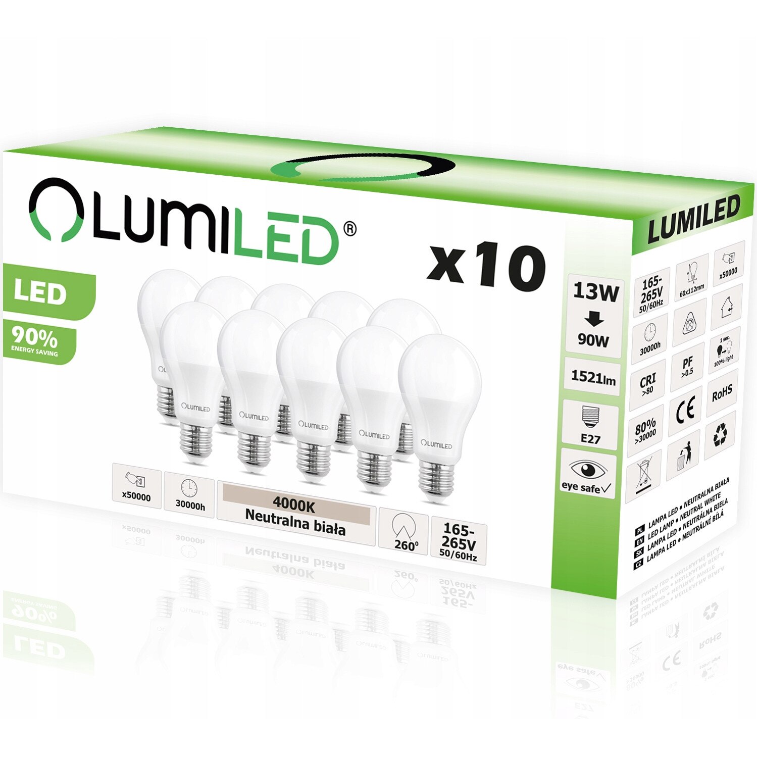 Set 10 becuri LED, Lumiled, E27, 13W, 1521lm, 4000K, Alb neutru - eMAG.ro