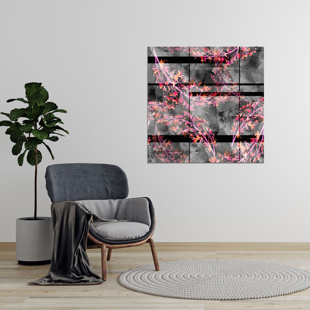 Pictura pe panza, Model abstract cu frunze roz pe fundal gri, 65x65 cm ...