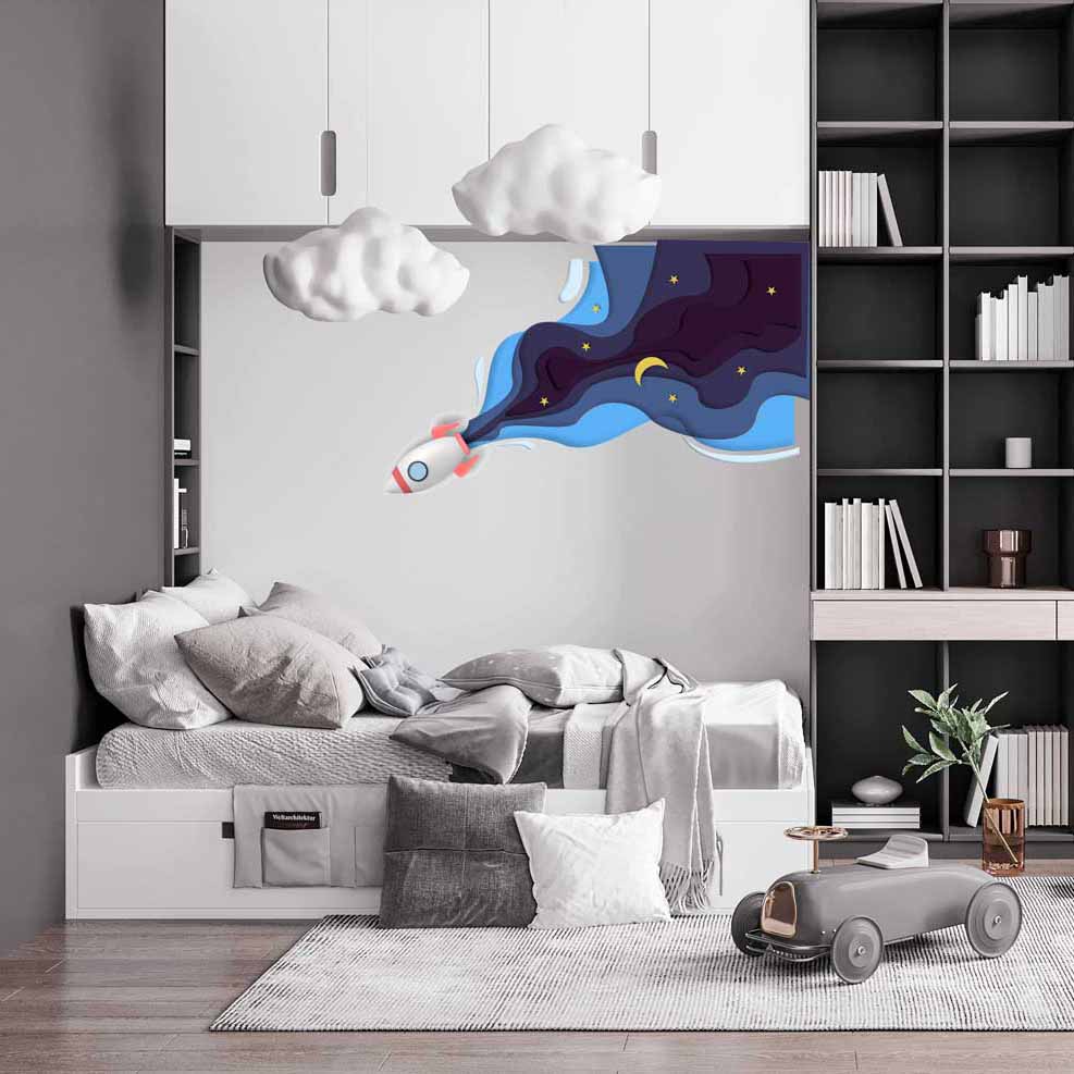 Autocolant de perete pentru copii, Cu racheta spatiala, Dimensiune mare ...