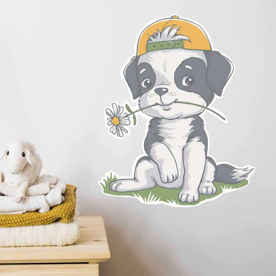 Autocolant pentru copii, Cu un catel si flori, Dimensiune medie ...