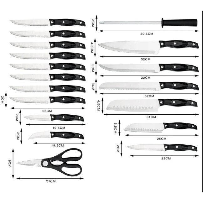 Set cutite bucatarie 19 piese, antiaderente, Full Tang, suport din lemn ...
