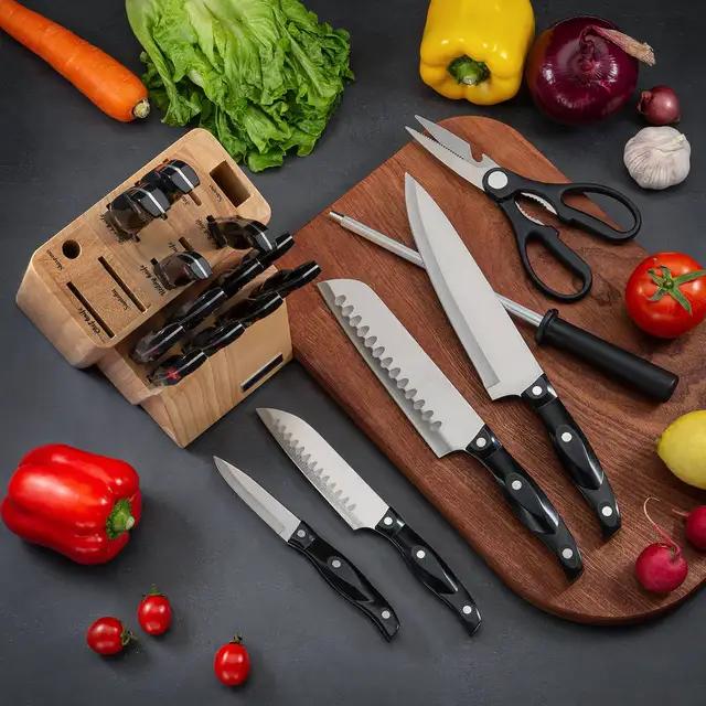 Set cutite bucatarie 19 piese, antiaderente, Full Tang, suport din lemn ...