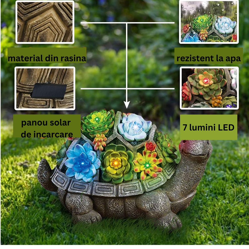 Lampa solara de gradina, testoasa, cu 7 lumini LED si plante suculente ...