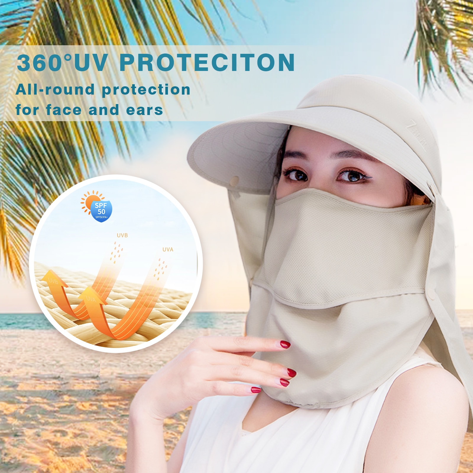 Sapca vara pentru femei, GOGOU, Kaki, protectie solara, detasabila ...