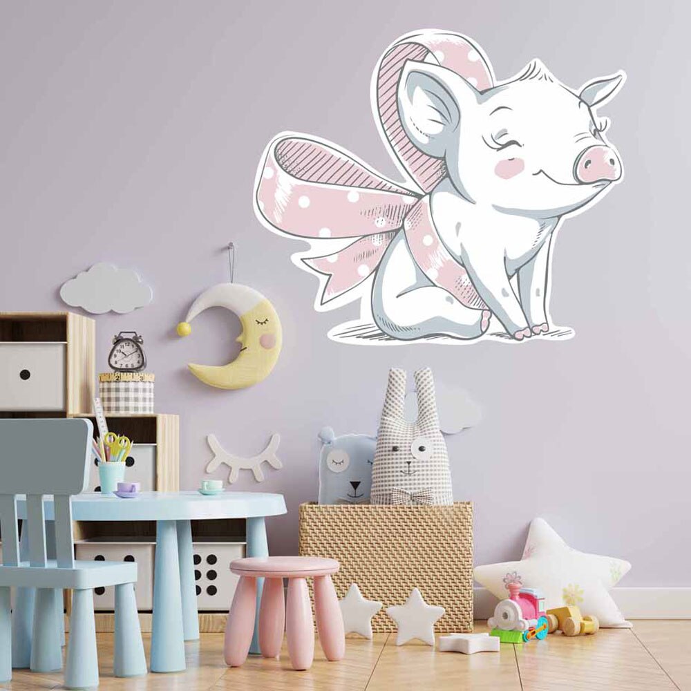 Autocolant de perete pentru copii, Cu un purcelus cu fundita, Dimnsiune ...