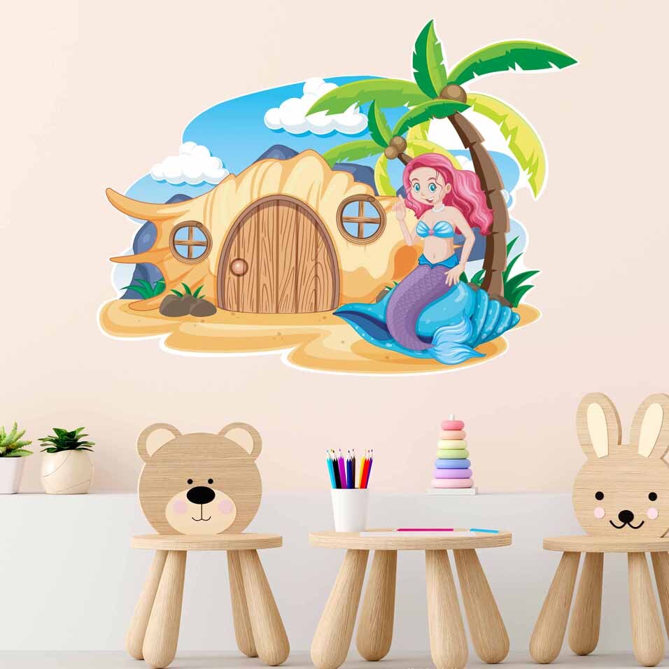 Autocolant de perete pentru copii, Cu sirena si casa ei, Multicolor ...