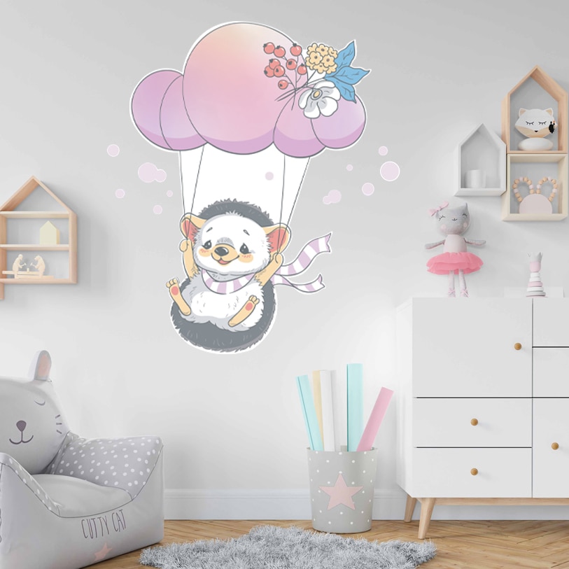 Autocolant de perete pentru copii, Cu arici parasutand, Multicolor ...