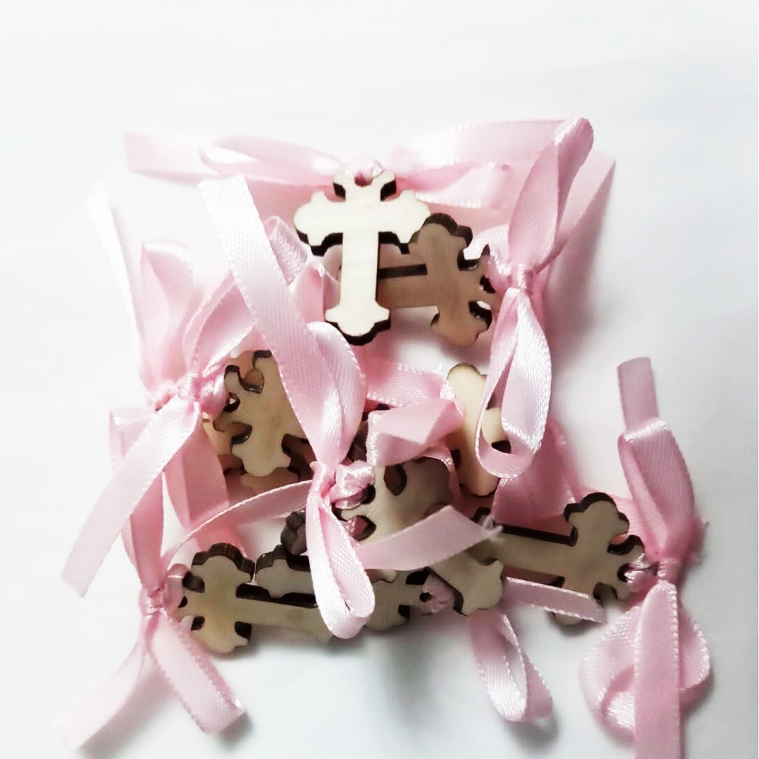 Set 10 cruciulite botez, MCF, Traditional, lemn, 3x2cm, funda roz - eMAG.ro