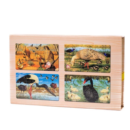 Puzzle lemn, 12 piese, 4 puzzle in cutie - pasari salbatice - eMAG.ro