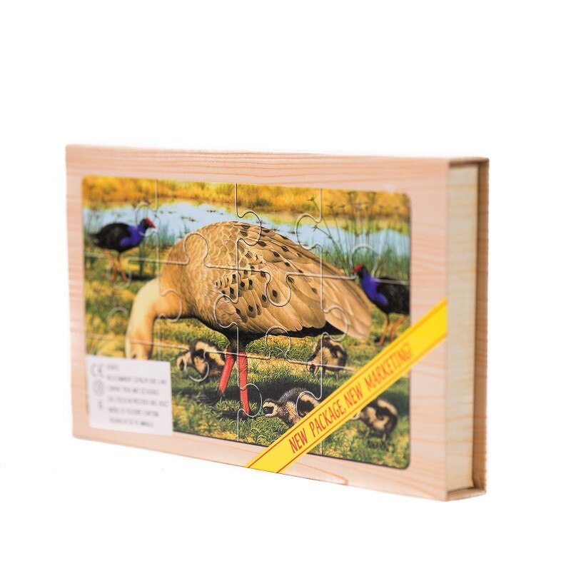 Puzzle lemn, 12 piese, 4 puzzle in cutie - pasari salbatice - eMAG.ro