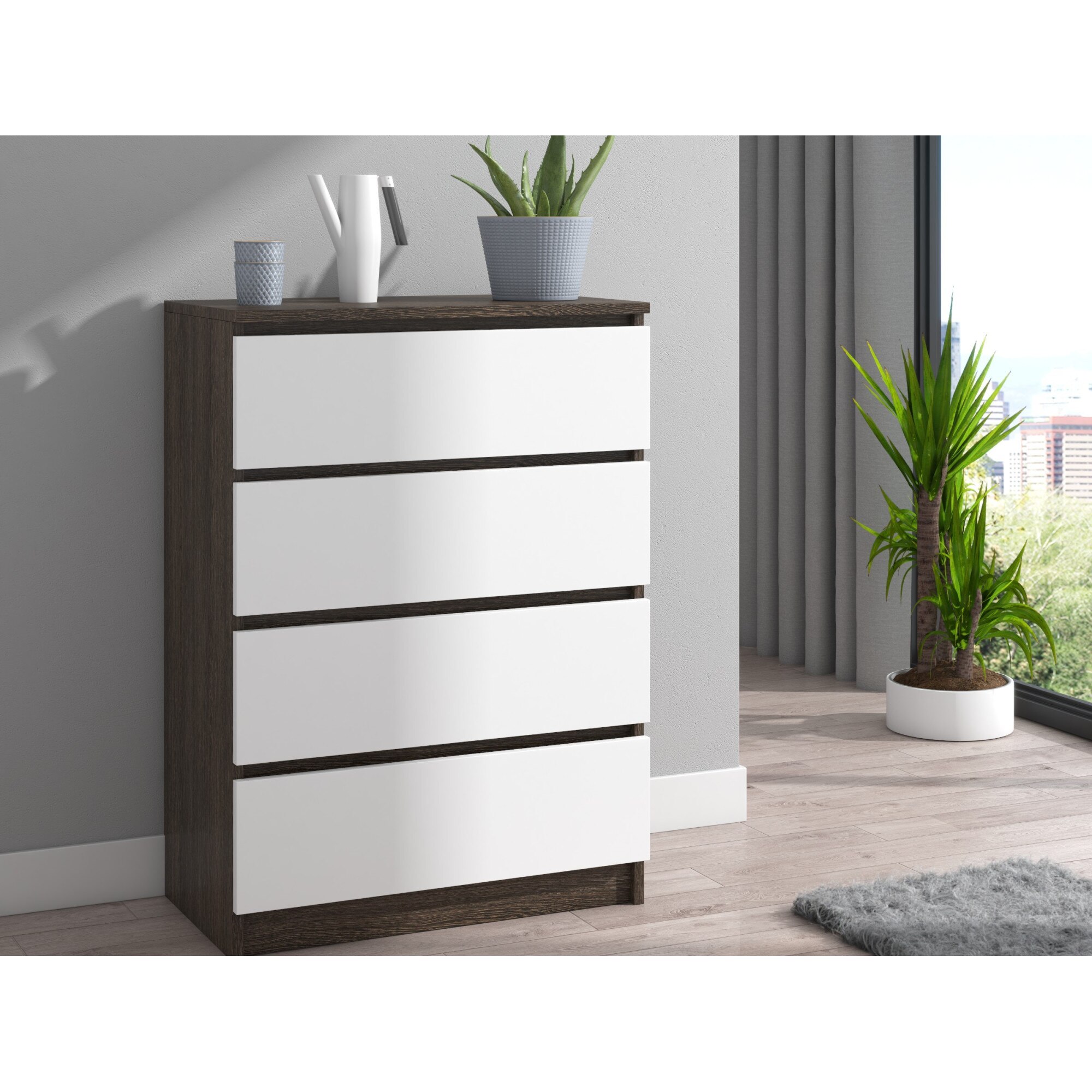 Comoda, Roe furniture, 4 sertare, 40x96cm, Pal, Wenge/Alb - eMAG.ro