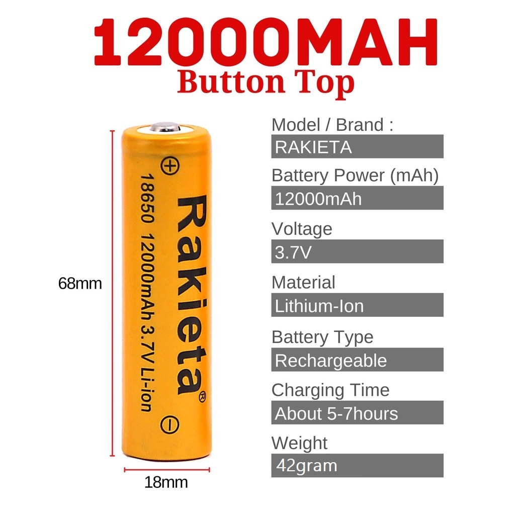 Комплект 3 батерии Rakieta 18650, 3.7v, 12000mAh, Li-ion, Златист - eMAG.bg