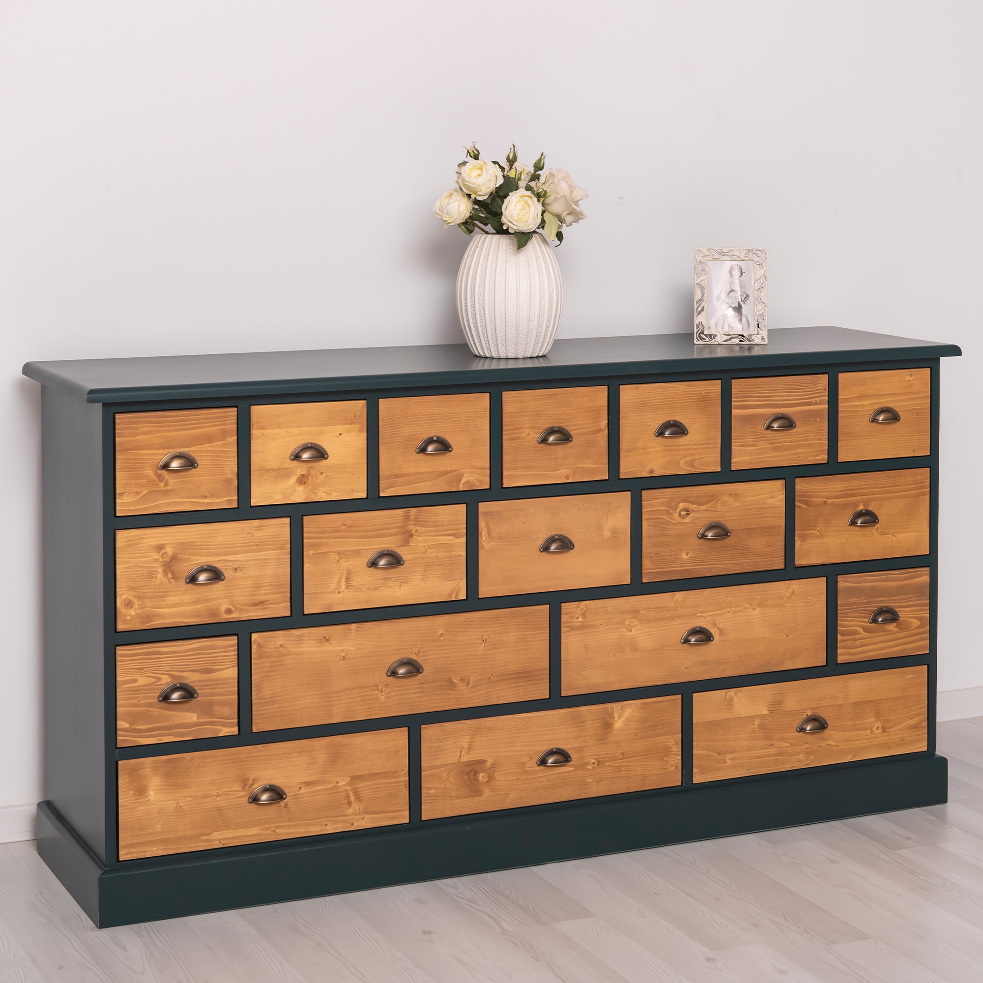 Comoda cu 19 sertare, culoare corp verde inchis, culoare sertare ...