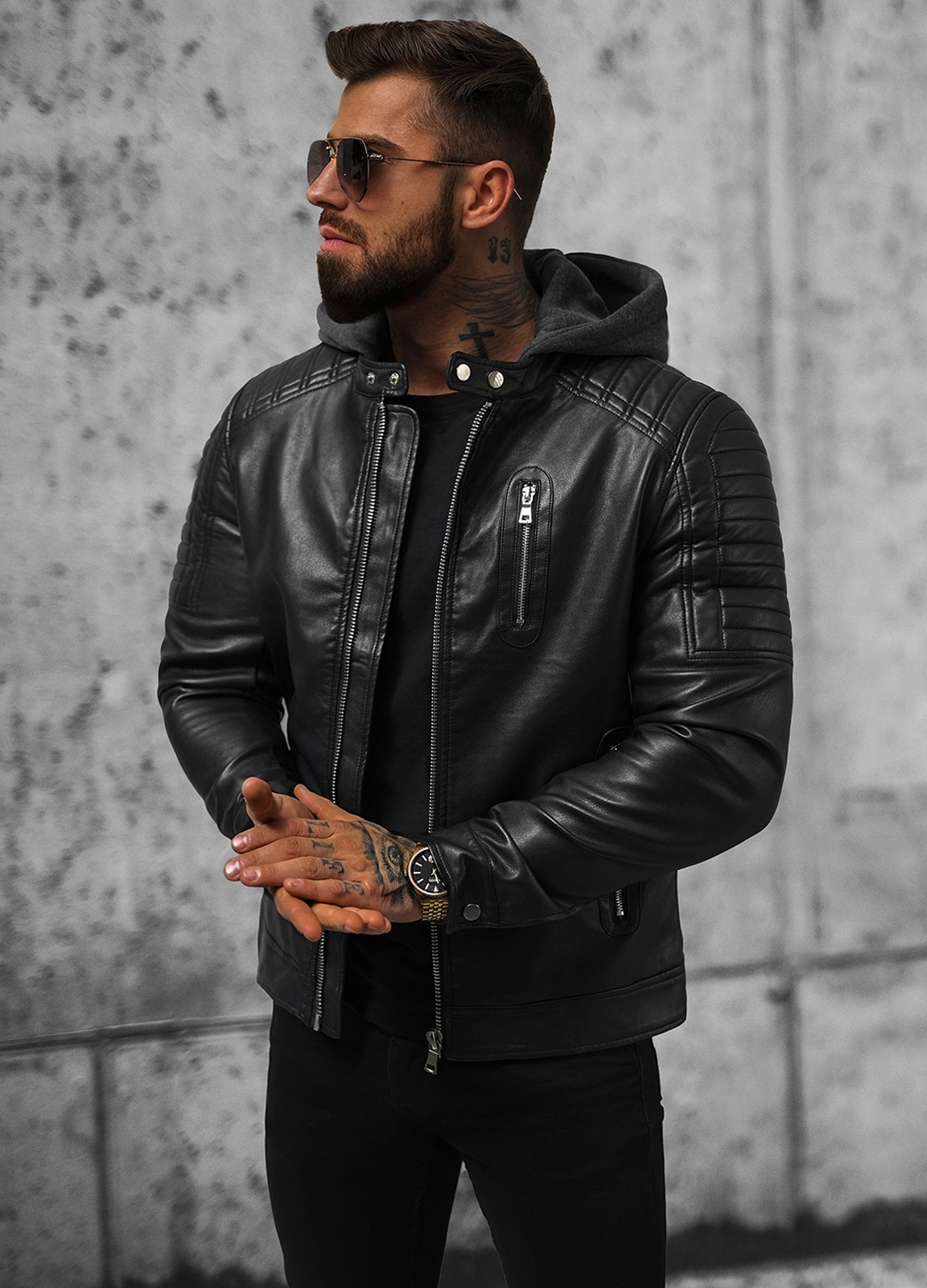 Geaca de piele barbati neagra OZONEE JS/11Z8018 - eMAG.ro