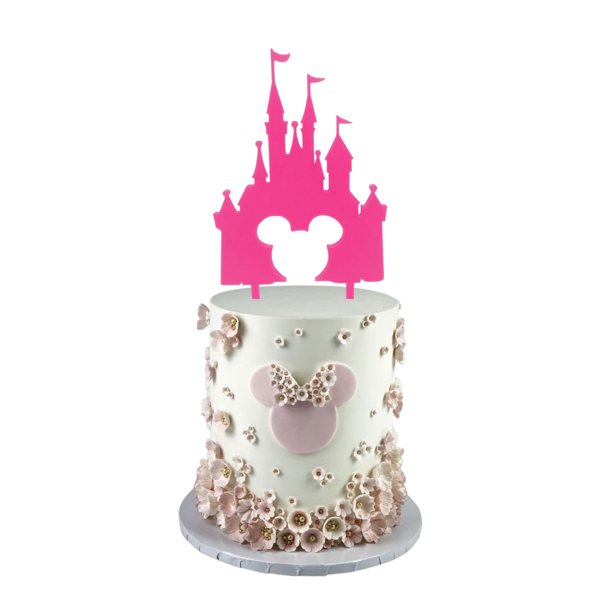 Decoratiune topper tort "MINNIE MOUSE CASTLE", roz zmeuriu 15.5 x 10 cm ...