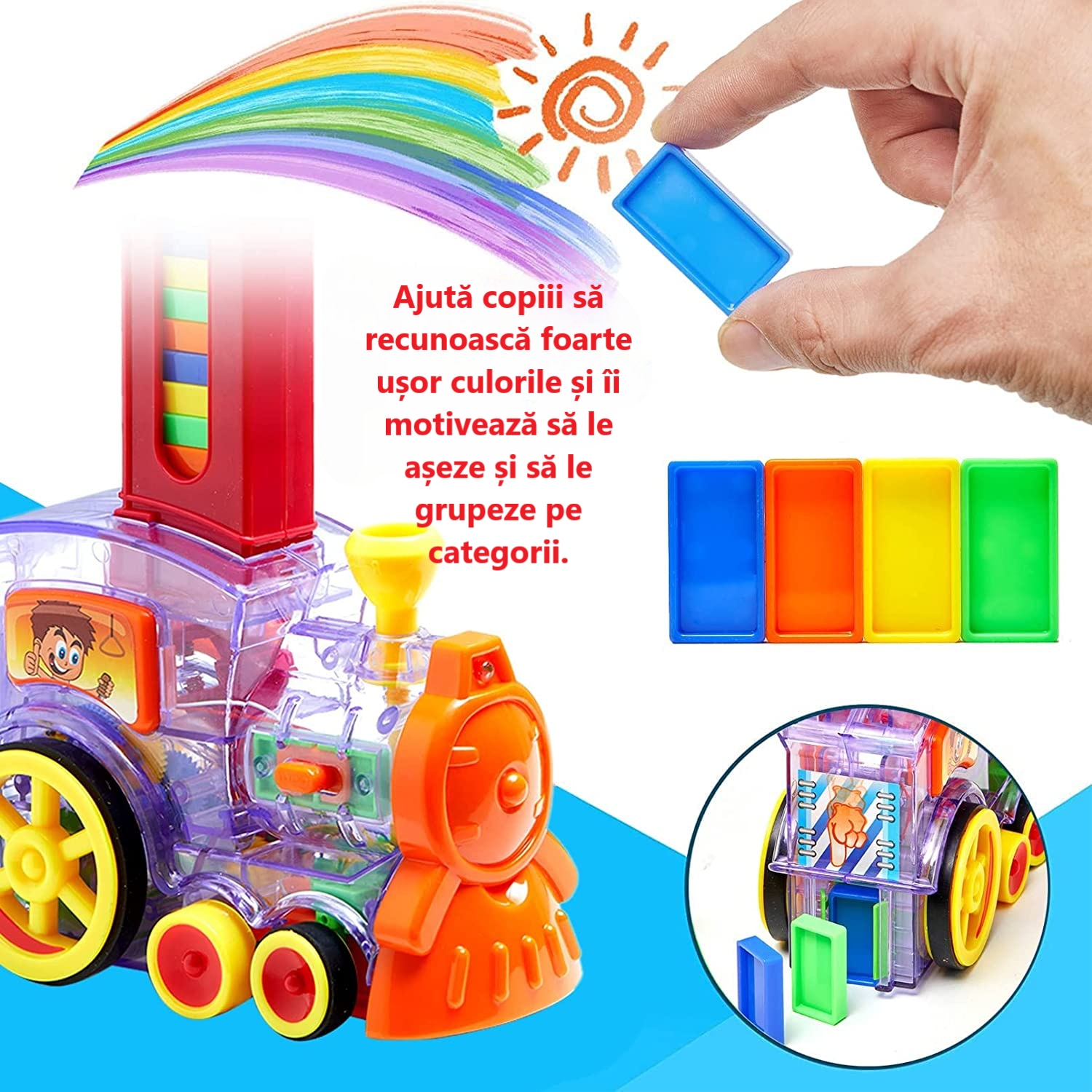 Set Trenulet Electric cu 50 de Piese Domino pentru Stivuire, cu Lumini ...