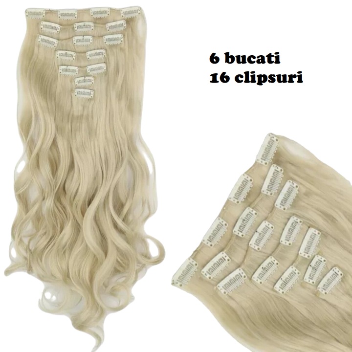 Extensii par Blond Cenusiu, ondulate, 16 clipsuri, 55 cm, Animis Beauty ®, fibra sintetica cu ...