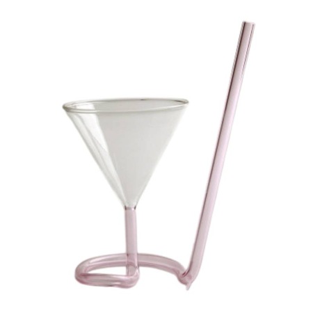 Pahar creativ de sticla Edman Martini, cu pai incorporat, sticla termorezistenta, 190ml, Roz ...