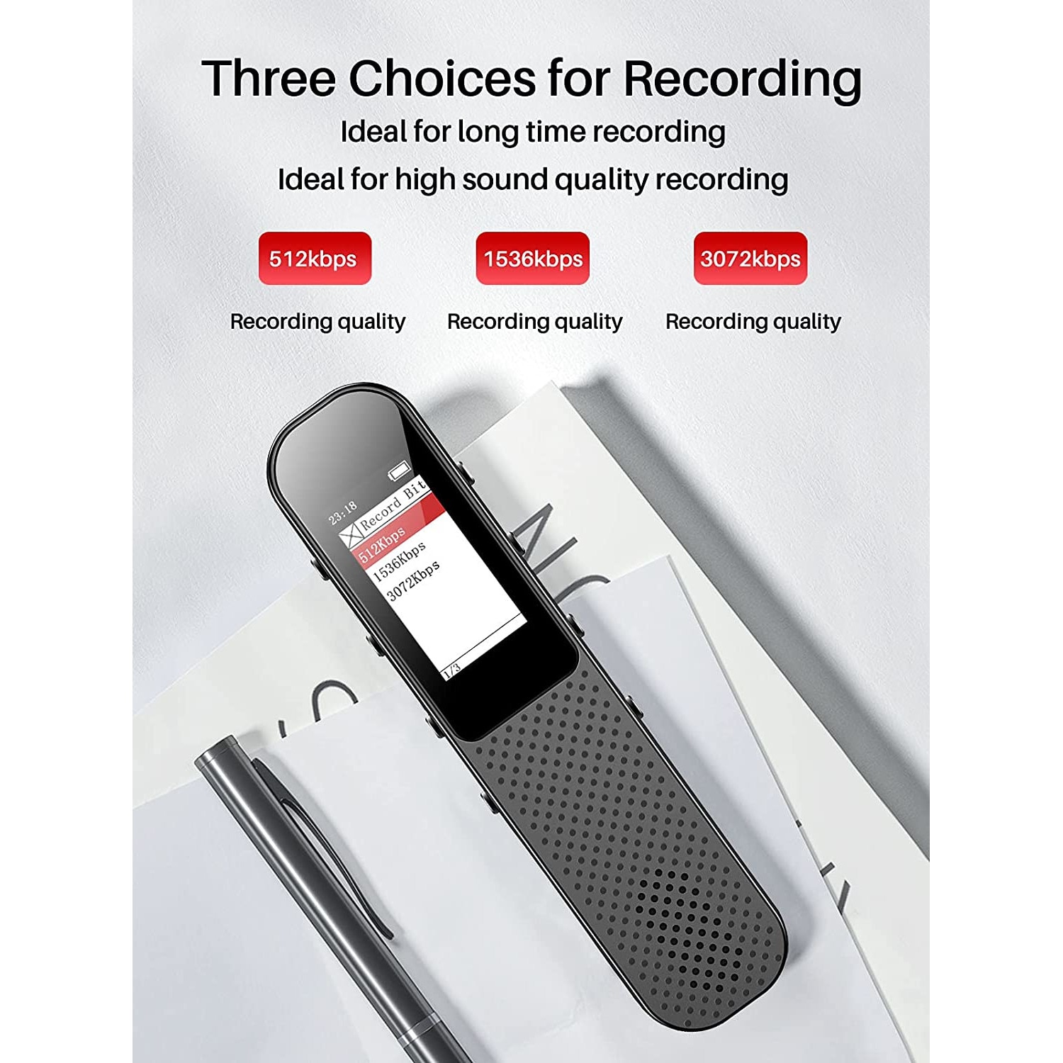 Reportofon digital de 64 GB, dictafon cu activare vocala, 3072 Kbps ...