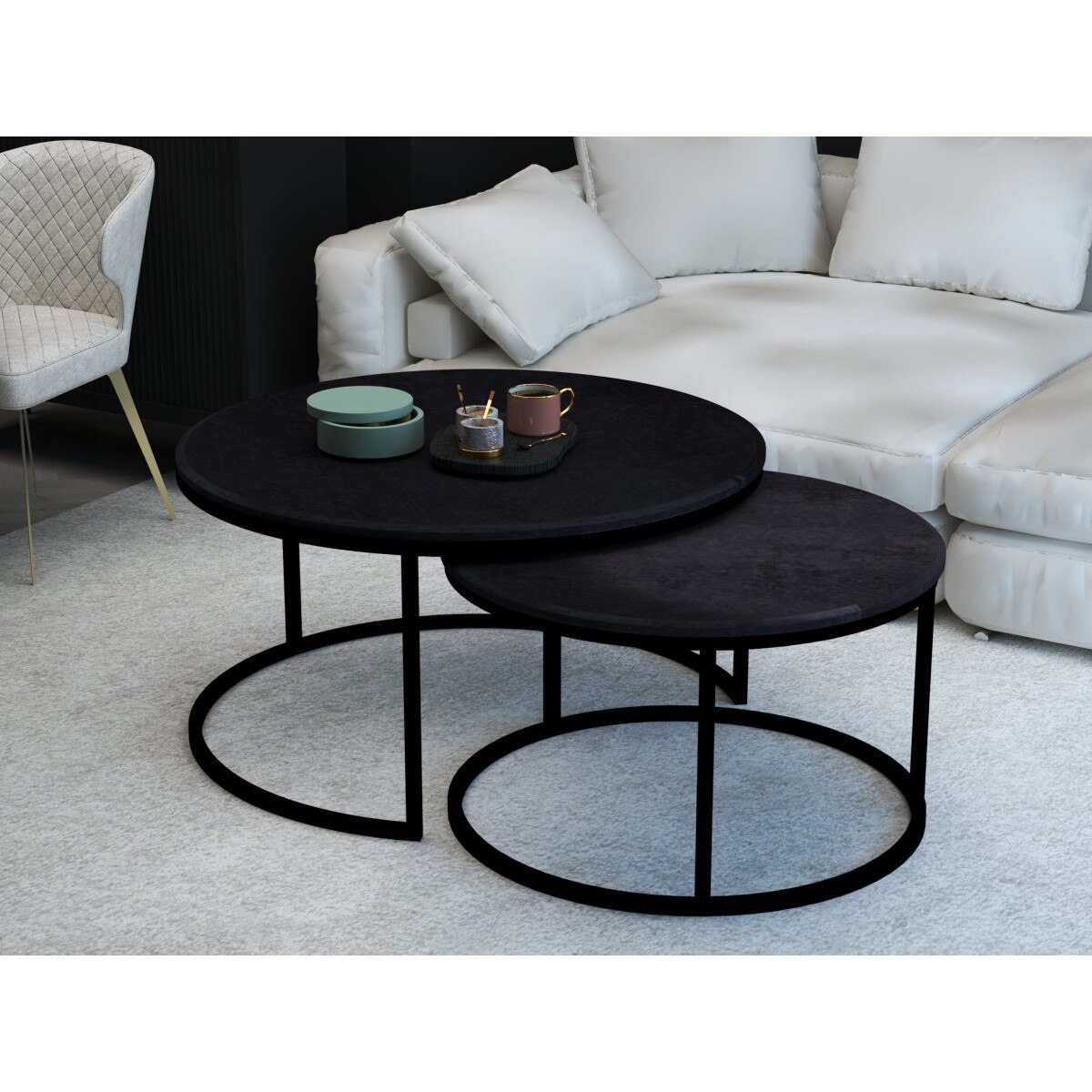 Set 2 x Masuta de cafea, MDF/Otel, 80/60 cm, Negru/Antracit - eMAG.ro