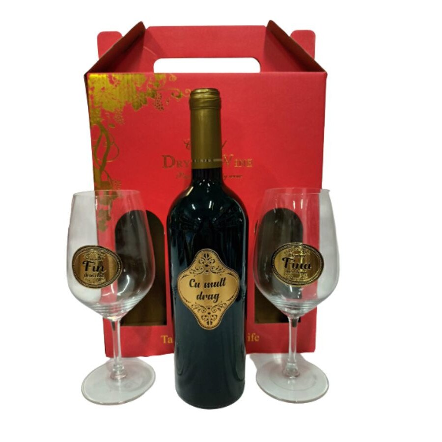 Set sticla vin cu 2 pahare in cutie carton Dary Home, Cu mult drag Fin ...