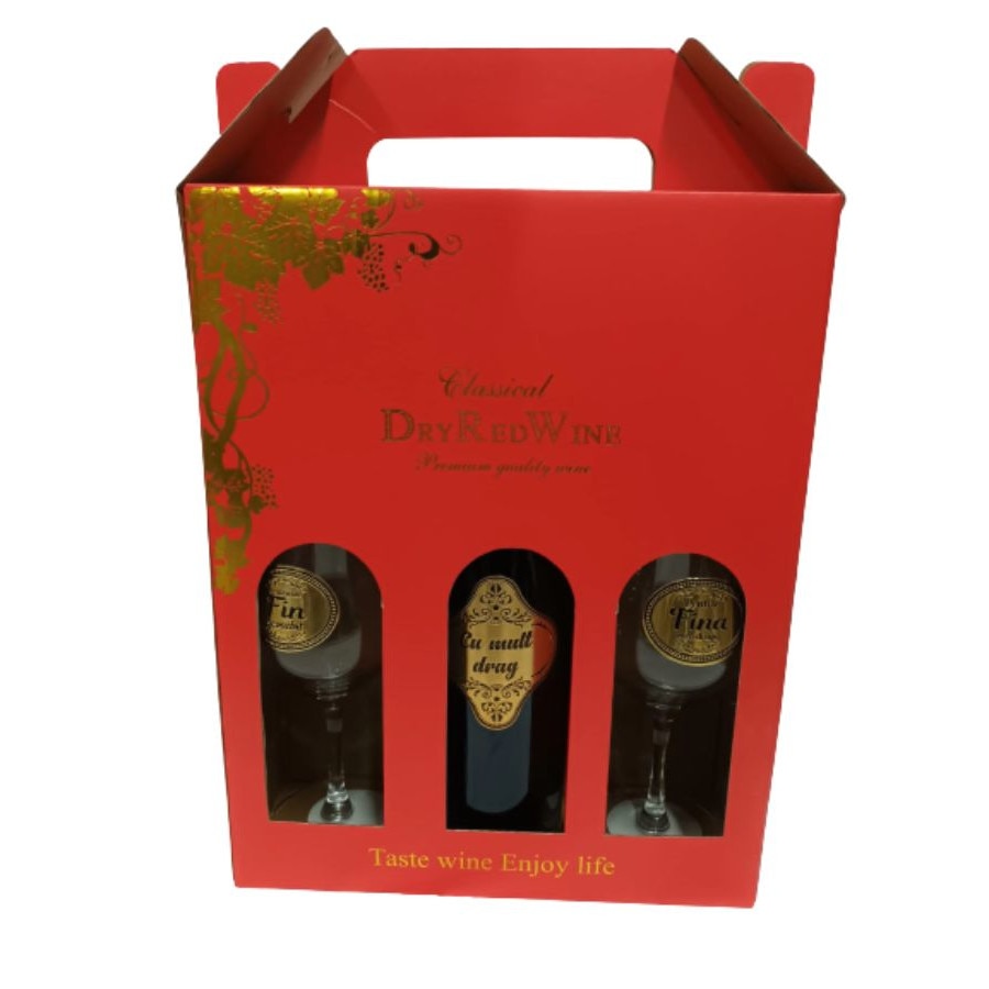 Set sticla vin cu 2 pahare in cutie carton Dary Home, Cu mult drag Fin ...