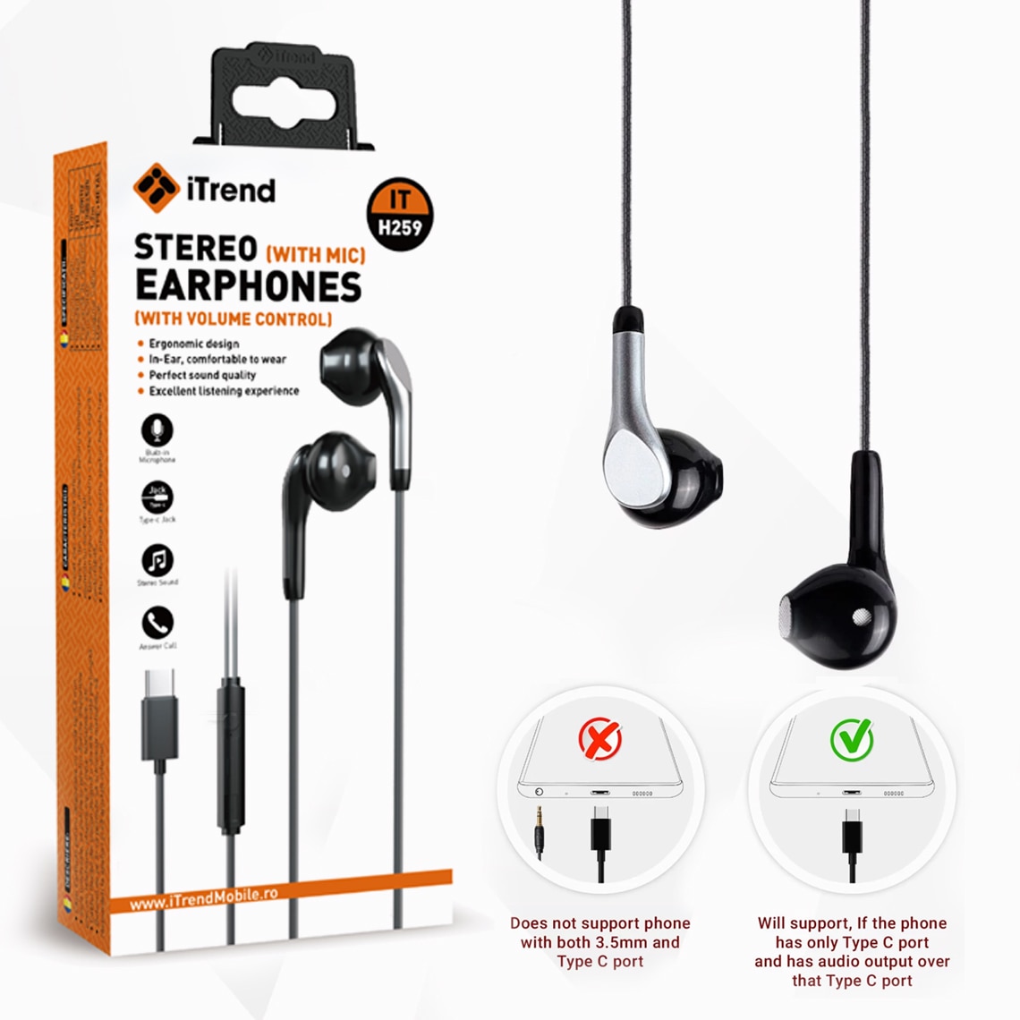Casti iTrend, Stereo cu conector USB-C, 1.2m, comenzi, functie apel si ...