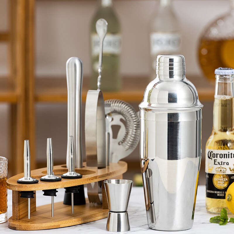 Set Cocktail Shaker Kit pentru barmani 550ml, GOGOU, suport din bambus ...