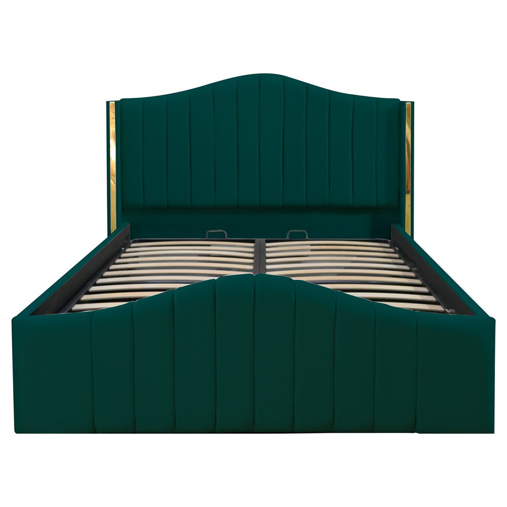 Pat dublu tapitat Alaska, 140/200 cm, verde cu benzi aurii, cu somiera ...
